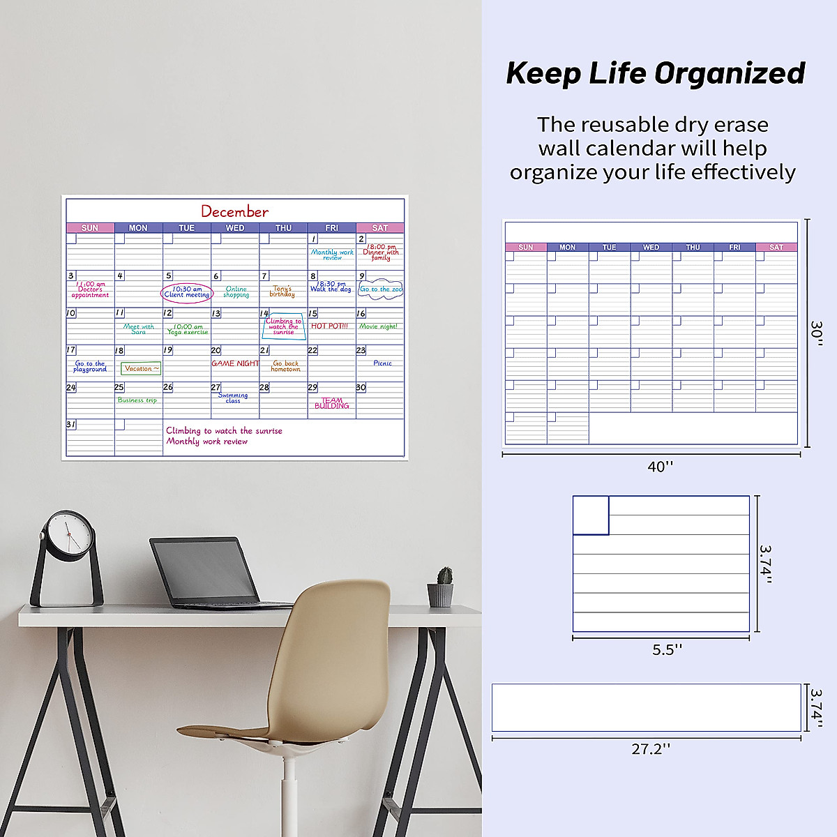Large Dry Erase Calendar for Wall - Undated 1 Month Wall Calendar, 40" x 30", Erasable & Reusable Laminated White Board Calendar with 8 Round Stickers, Great Layout Wall Calendar Dry Erase for Home, Office and School