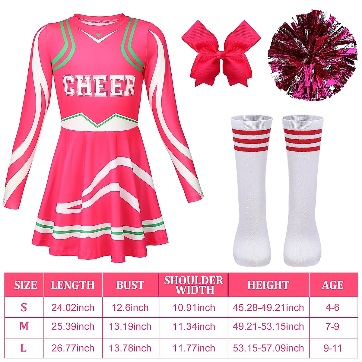 Tisancy 6 Pcs Halloween Cheerleader Costume for Girls Set Toddler Cheerleader Outfit with Pom Poms, Hair Bows and Socks (Classic Style,Large)