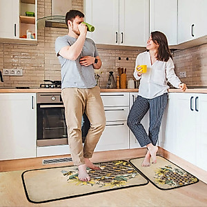 ALAZA Honey Bee Flower Vintage 2 Piece Kitchen Rug Floor Mat Set Runner Rugs Non-Slip for Kitchen Laundry Office 20" x 28" + 20" x 48"