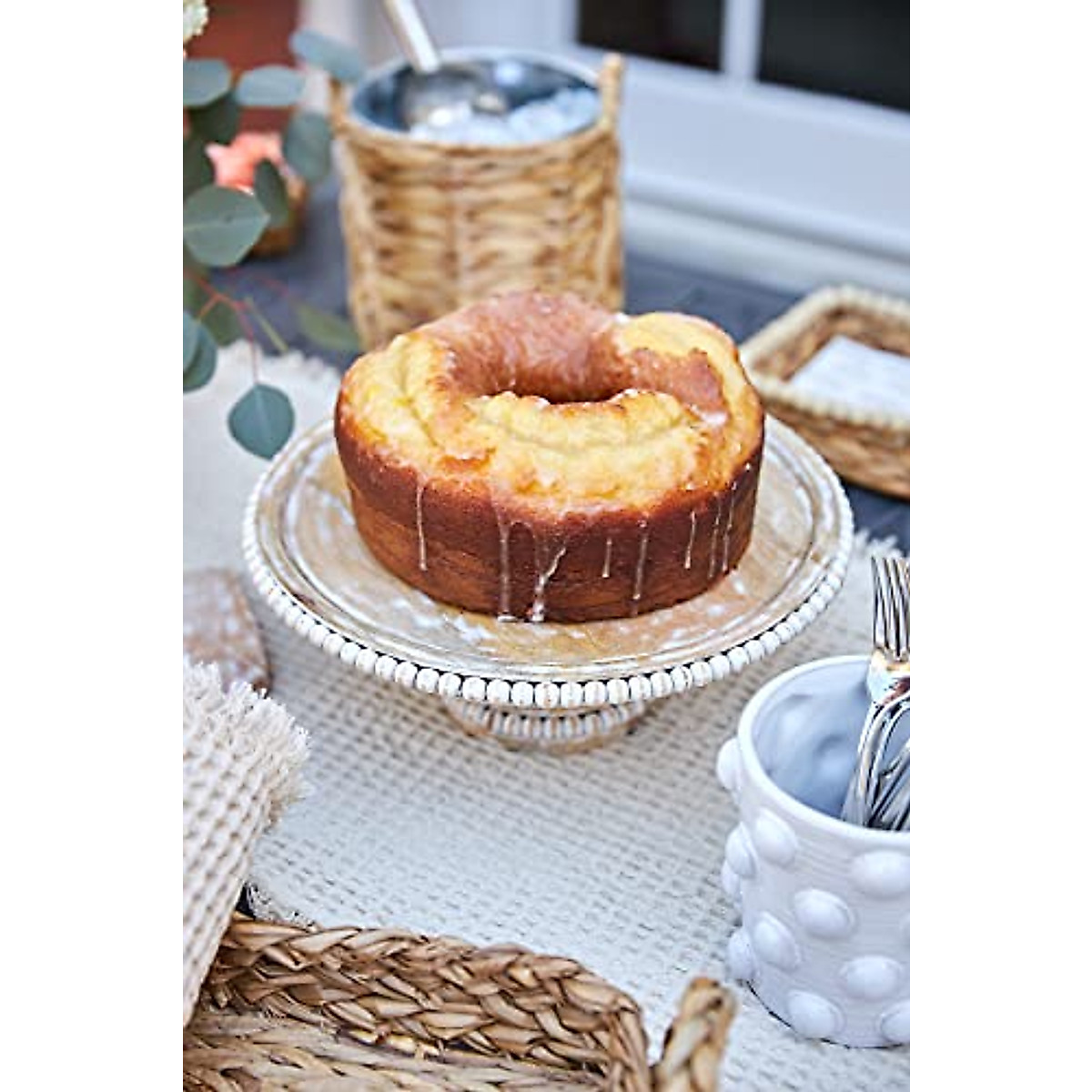 Mud Pie, White, Beaded Wood Cake Set, stand 4.75" x 12" dia | server 9.5"