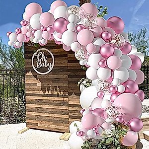 Pink White Balloons Garland Arch Kit, Pastel Pink Balloons Metallic Pink Confetti Rose Gold Birthday Party Balloons for Baby Shower,Birthday,Bridal,Anniversary Party,Wedding