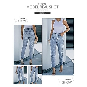 Sidefeel Womens High Waist Mom Jeans Washed Stretch Loose Fit Denim Pants US14 Sky Blue