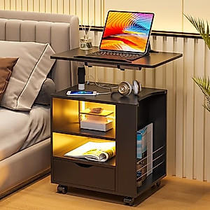 HNEBC LED Nightstand with Wireless Charging Station,Nightstand Has Adjustable Rotary Table,Bedside Tables with One Drawer and 2 Mezzanines/Infrared Induction 3 Color Lighting (On The Right)