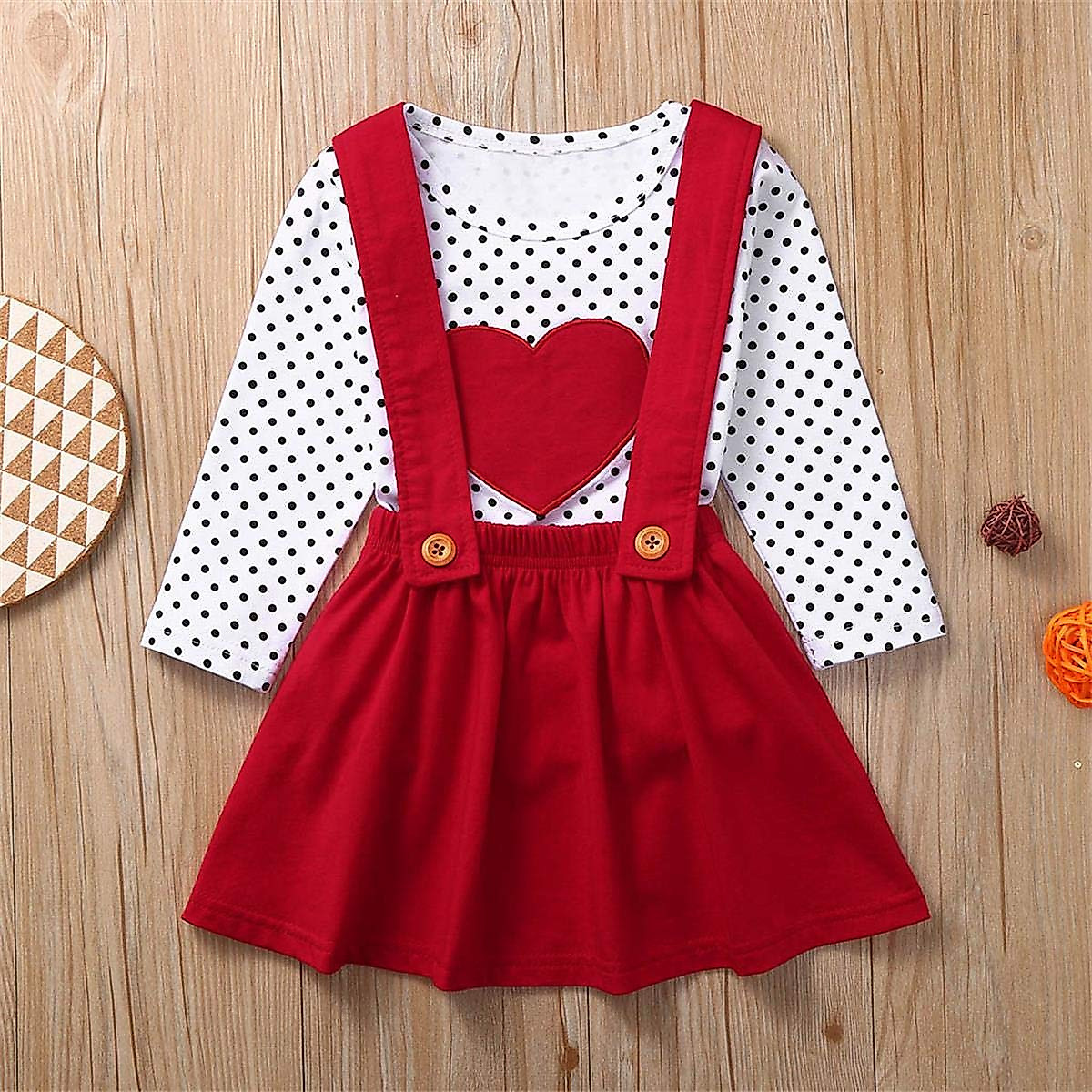 MODNTOGA Toddler Baby Girl Valentines Outfit Long Sleeve Dot Heart Shirt Top+Suspender Strap Red Skirts Set(18M-7Y) (Red, 2-3T)