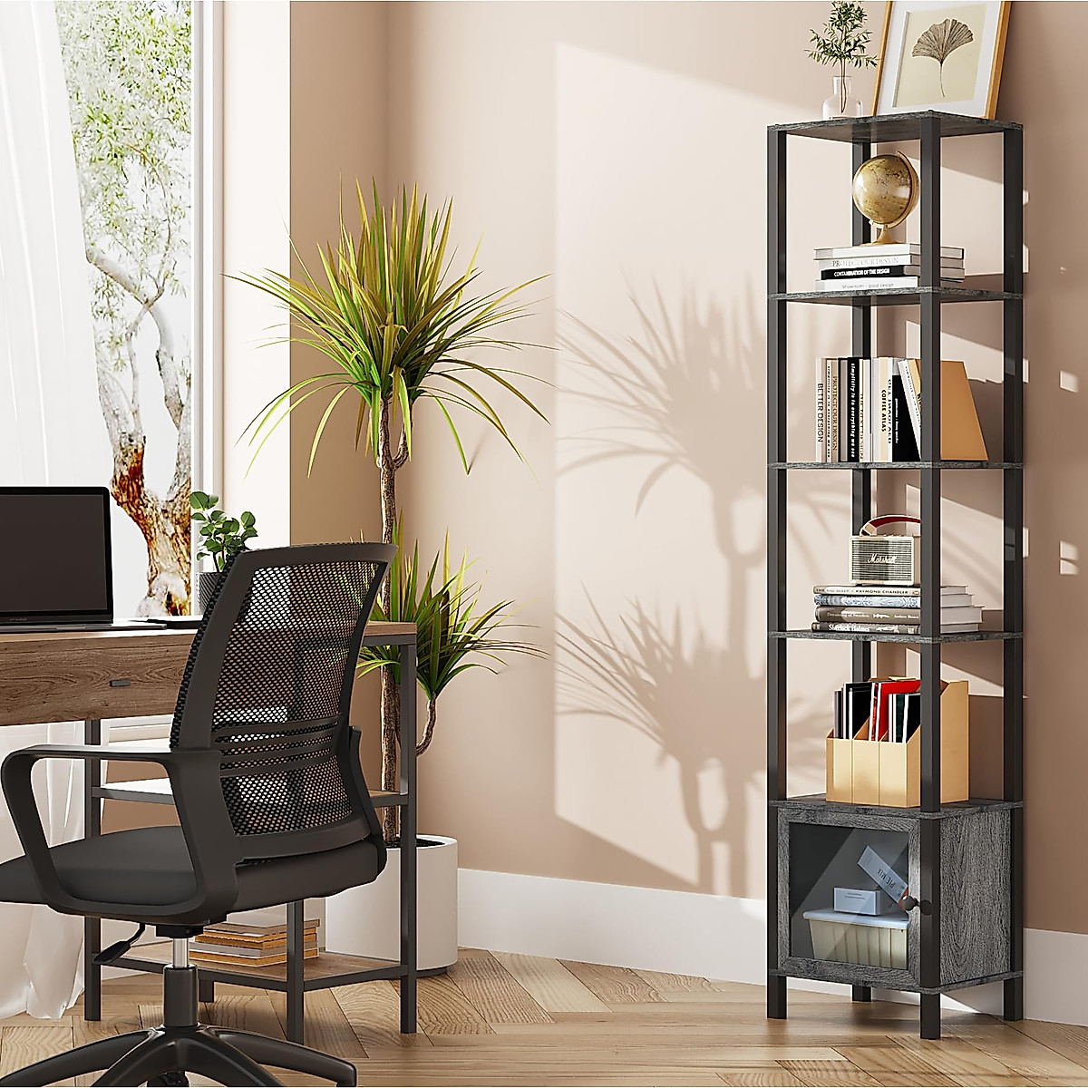 TUTOTAK 6 Tier Bookcase and Bookshelf, Narrow Book Shelf with Door for Small Space, for Living Room, Office, Study, Entryway, Charcoal Grey BS03BY006