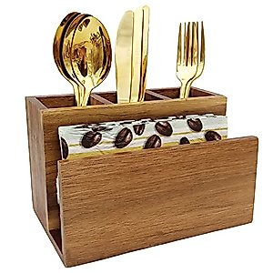 NelyBet Sliverware Holder, Utensil and Napkin Holder for Party, Woonden Siverware caddy Flatware Organizer with 3 compartments Holder for countertop Kitchen 7.7” x 5 ” x 5”H