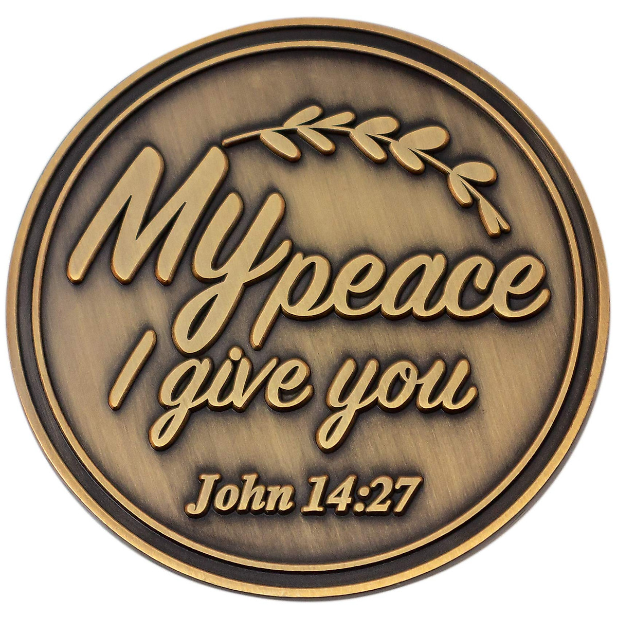 The Lord is My Peace, Dove and Olive Branch Pocket Token of Serenity, Christian Challenge Coins, My Peace I Give to You, Antique Gold-Color Plated John 14:27 Religious Gift