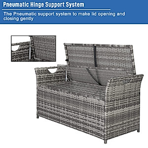 Pinikuyiro 33 Gallon Outdoor Storage Bench with Cushion, Outdoor Wicker Storage Box, Patio Deck Box with Seat, for Garden, Balcony, Poolside, Grey