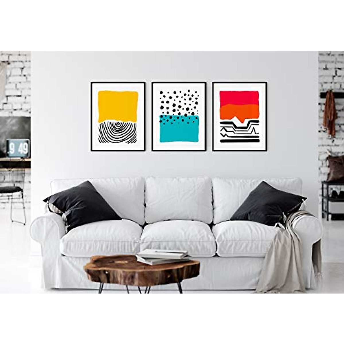 Modern Abstract Wall Art - Set of 3-11x14" UNFRAMED Prints - Geometric Contemporary Wall Decor - Scandinavian, Nordic, Mid Century Modern Decor - Yellow, Teal, Red, Orange Wall Prints