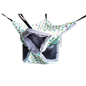 WOWOWMEOW Small Animals Plush Hammock Rat Ferret Triple Bunkbed Hammocks Cage Hanging Warm Hideout for Sugar Glider Squirrel (Medium, Hearts-Mint)