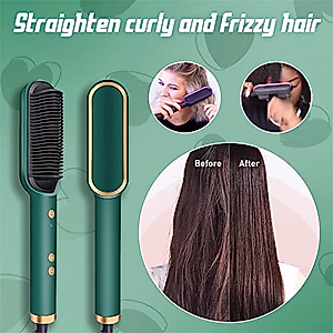 2023 New Negative Ion Hair Straightener with 5 Temp, 2 in 1 Brush and Curler, Portable Electric Straightening Heated Styling Comb 10s Fast Heating Anti-Scald (Black)