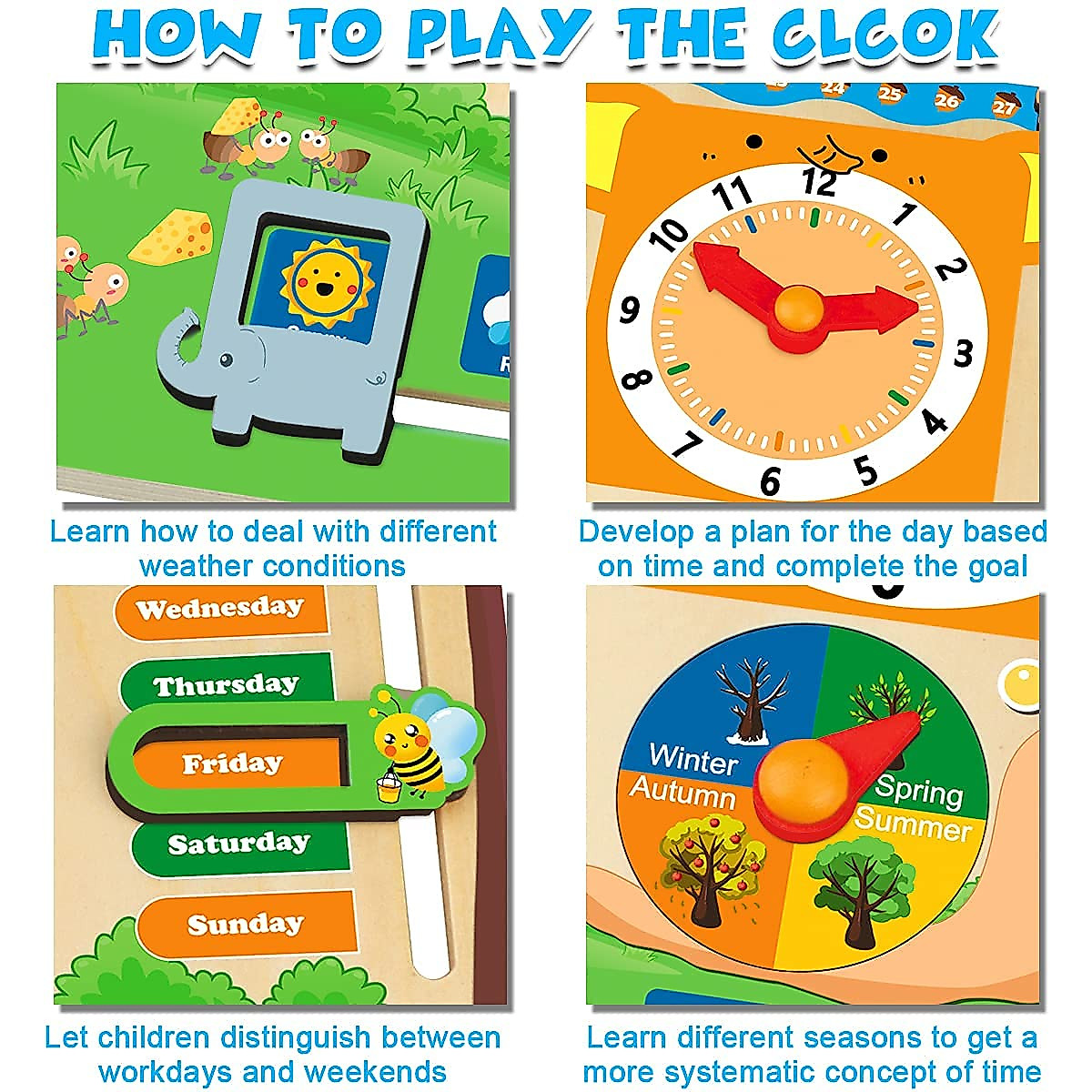 Baisoo Montessori Educational Wooden Toys - Preschool Telling Time Teaching Clock Boys & Girls - Time Calendar Clock for Kids Age 3 4 5 - All About Today Board