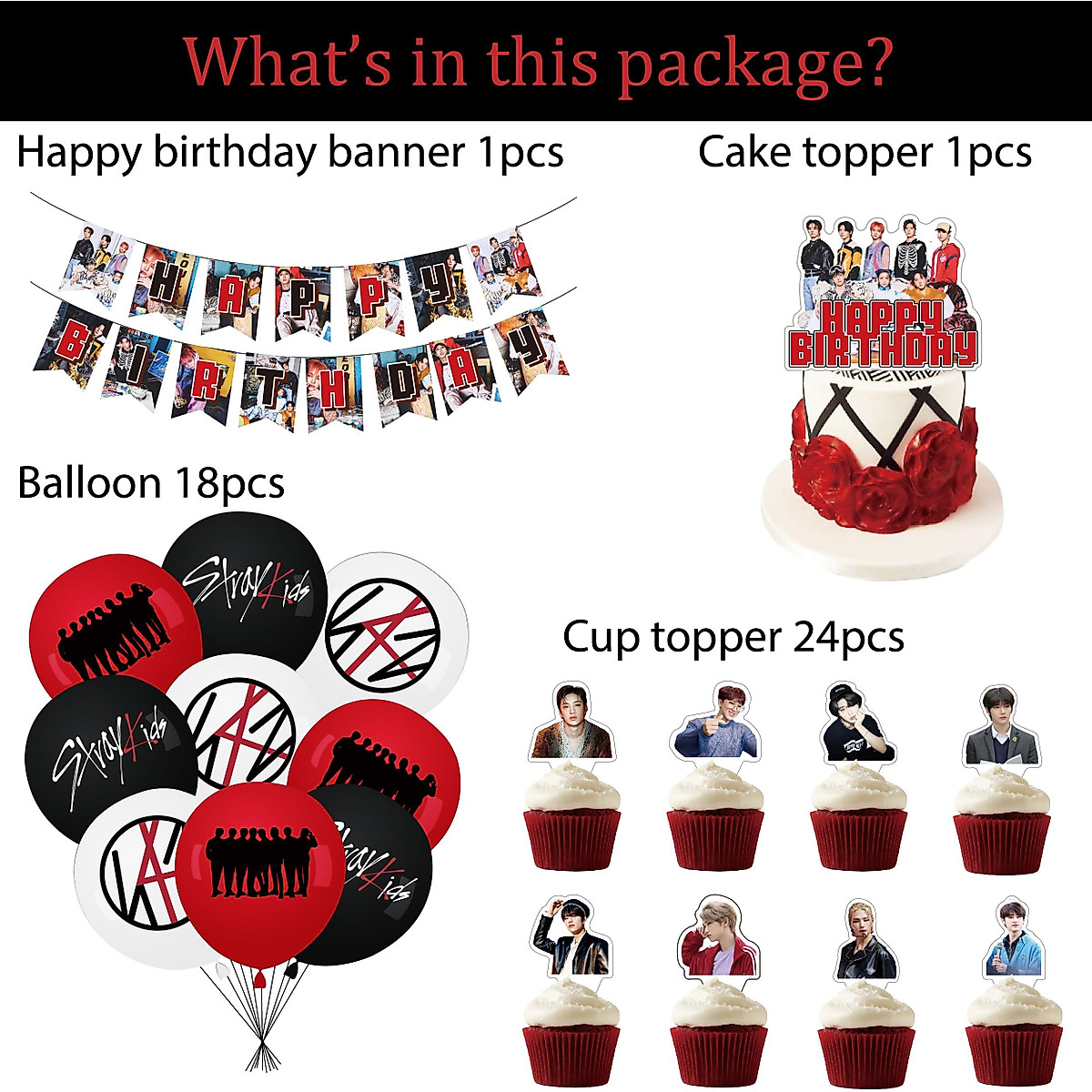 Stray Kids Merch 5 Star Party Decorations Include Happy Birthday Banners, Cake Toppers, Cupcake Toppers, Balloons