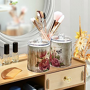 ALAZA 2pcs Vintage Rose Flower Butterfly Qtip Holder Dispenser 14 oz Bathroom Storage Clear Apothecary Jars Containers Cotton Ball,Cotton Rounds,Floss Picks, Hair Clips, Food