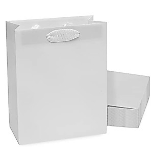 White Gift Bags with Handles - 8x4x10 Inch 25 Pack Designer Shopping Bags in Bulk, Small Gift Wrap with Fabric Ribbon Handle for Boutiques, Small Business, Retail Stores, Merchandise, Birthday Parties