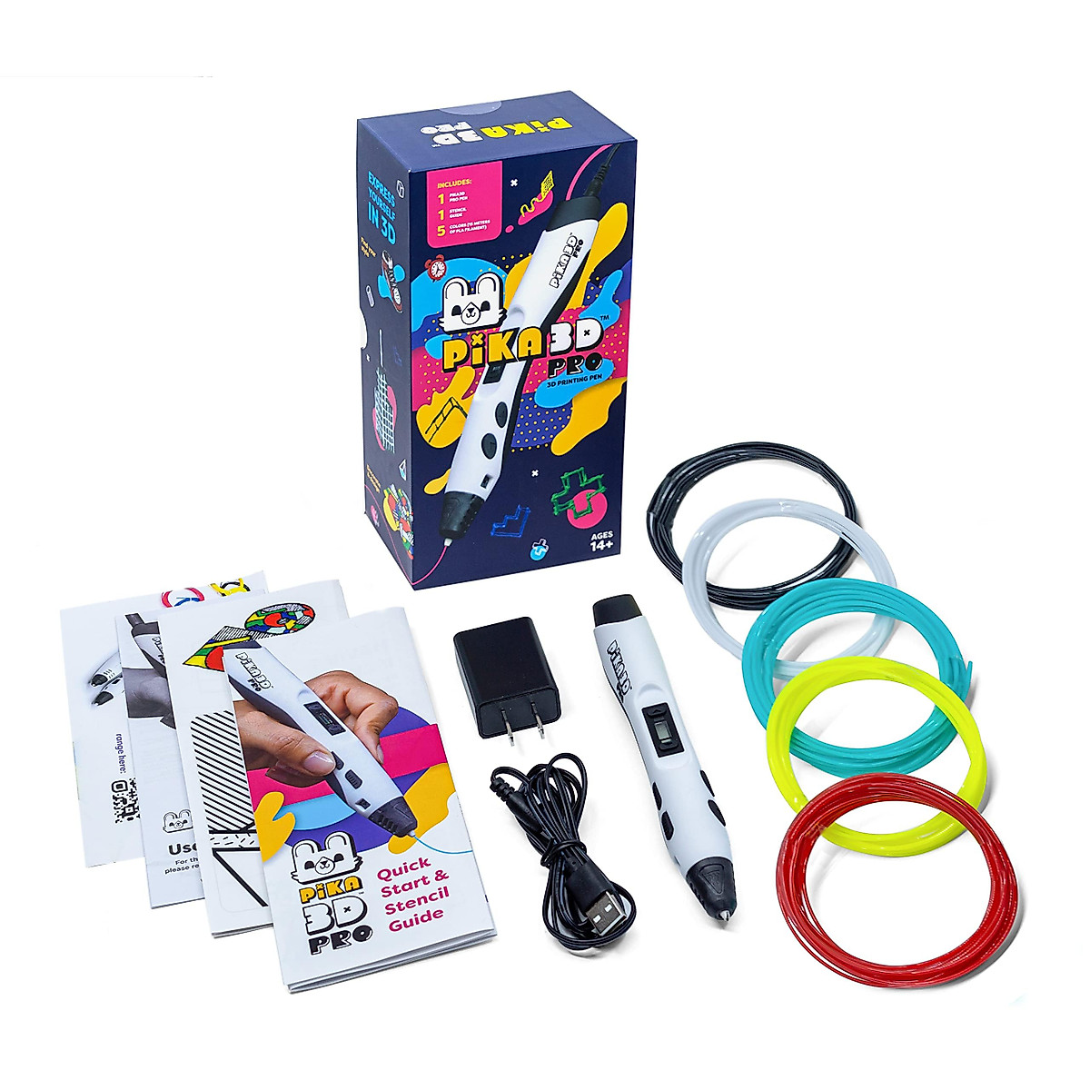 PIKA3D PRO 3D Printing Pen - includes 3D Pen, 5 Colors of PLA Filament Refill with Stencil Guide and User Manual, White