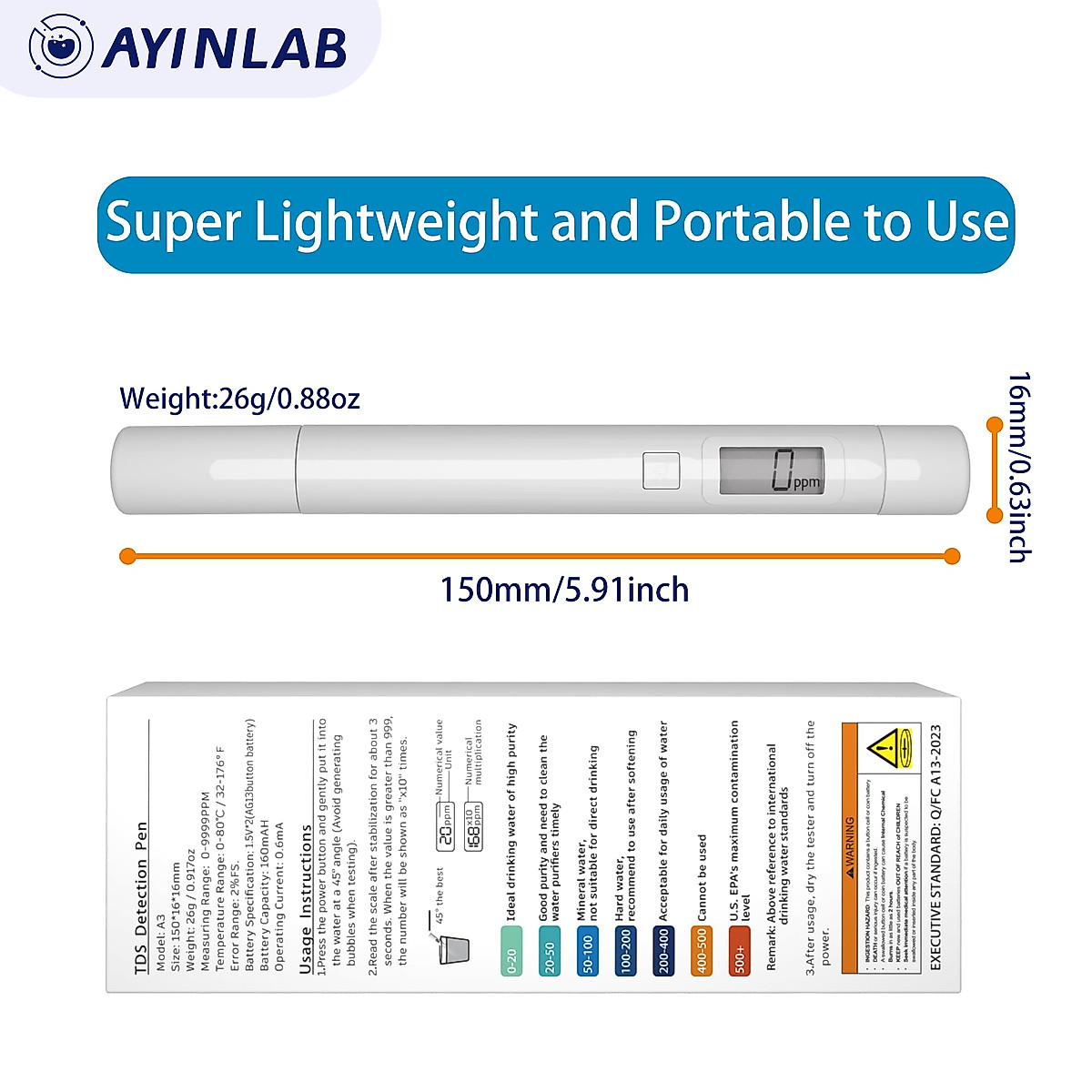 AyinLab TDS Water Hardness Tester Upgraded 0-9999ppm, Accurate 2%FS TDS Meter Digital Water Tester, Easy TDS Water Quality Tester for Drinking Water, RO/DI System, Pool&Spa, Hydroponics, Tap, Aquarium
