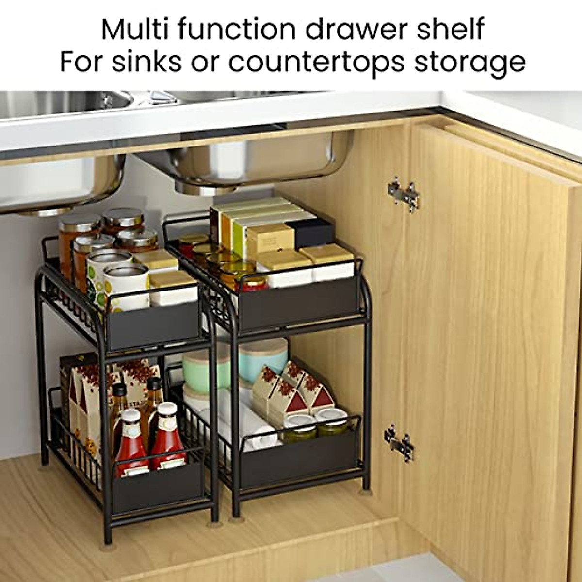 2 Tiers Pull Out Under Sink Organizer, Iron Sliding Under Bathroom Cabinet Undersink Storage Organizer, Multi-purpose Under Sink Shelf Organizer Basket, for Bathroom, Kitchen (Black)