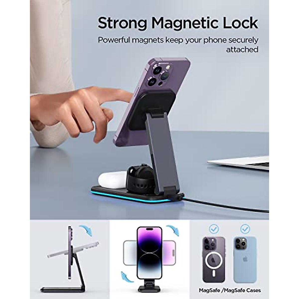 Mag-Safe Wireless Charger-Hohosb 3 in 1 Mag-Safe Charging Station,Magnetic Foldable Charging Stand for iPhone 14/13/12 Series,AirPods Pro/2/3,iWatch 8/7/6/SE/5/4/3/2-Black(18W Adapter Included)