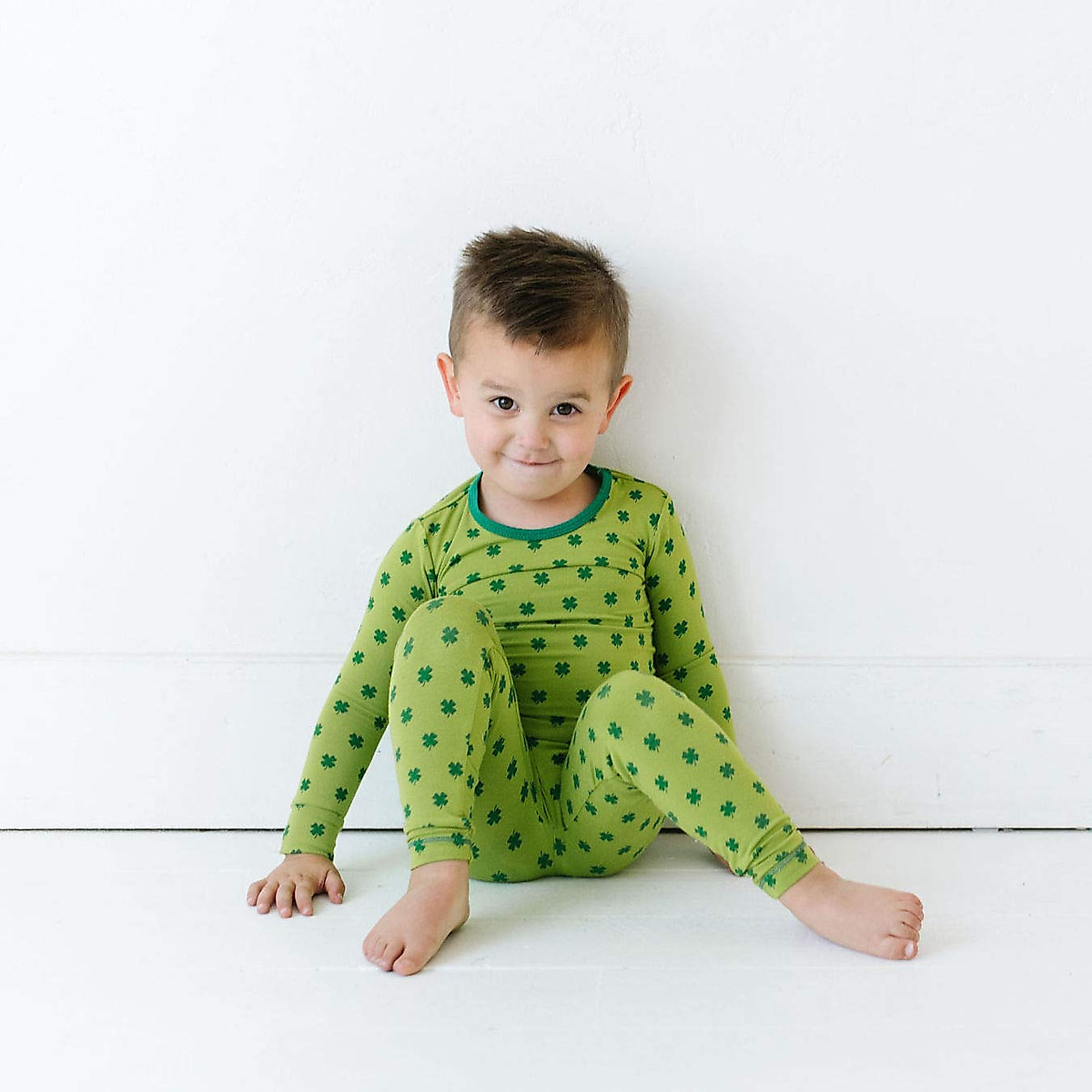 KicKee Pants St. Patrick’s Pajama Set in Long Sleeve Tee, Four Leaf Clover, Snug Fitting PJs (Meadow Clover - 6-12 Months)