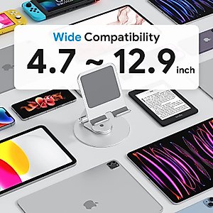 OMOTON Swivel Tablet Stand for iPad with 360 Rotating Base, Foldable Adjustable Holder for Drawing, Compatible with iPad Pro/Air/Mini and More, Silver