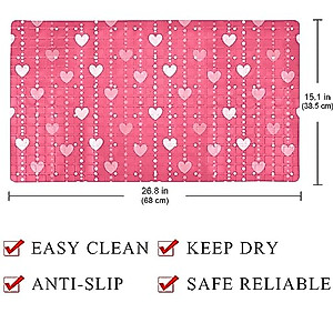 Bath Tub Shower Mat - Anti-Slip PVC Material 15.1x26.8 in, Gentle Cushioning Quick Drying Suction Cups Reliable Solution - Heart Stripe - Pink Non-Slip Floor Mat