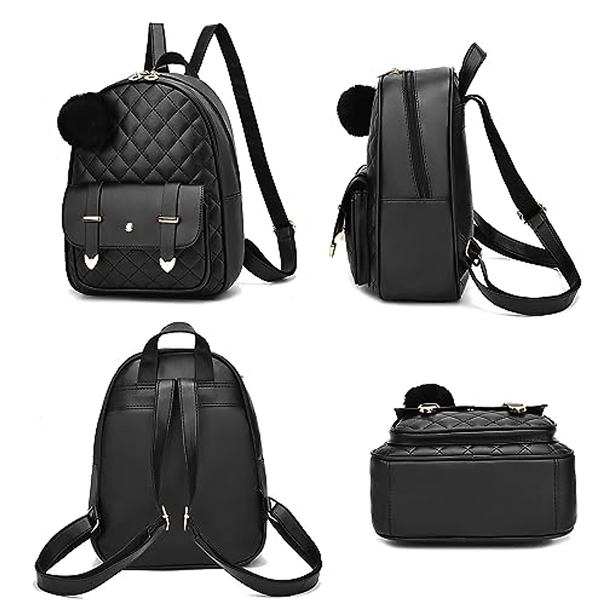 I IHAYNER Backpack Purse for Women 3PCS Leather Cute Small Backpack Purse with Pompom Mini Backpack for Women Travel Backpack (Black)