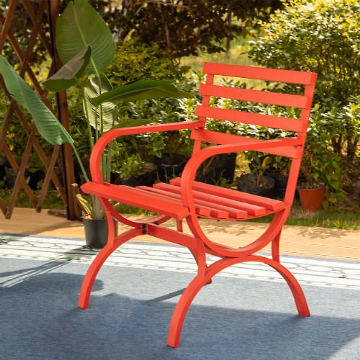 MFSTUDIO Outdoor Garden Patio Bench,Iron Metal Steel Frame Park Single Bench with Backrest and Armrest for Lawn,Porch,Backyard,Balcony-Red