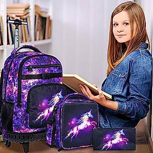 UFNDC 3PCS Rolling Backpack for Women, Adults Unicorn Backpacks with Wheels for Girls，Travel Roller Wheeled Bookbag