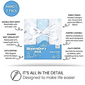Bloomsbury Mill - Pack of 3 Super Soft Muslin Swaddle Blankets - 100% Certified Organic Cotton Muslin Swaddles - Blue &amp; White - 47&quot; x 47&quot;