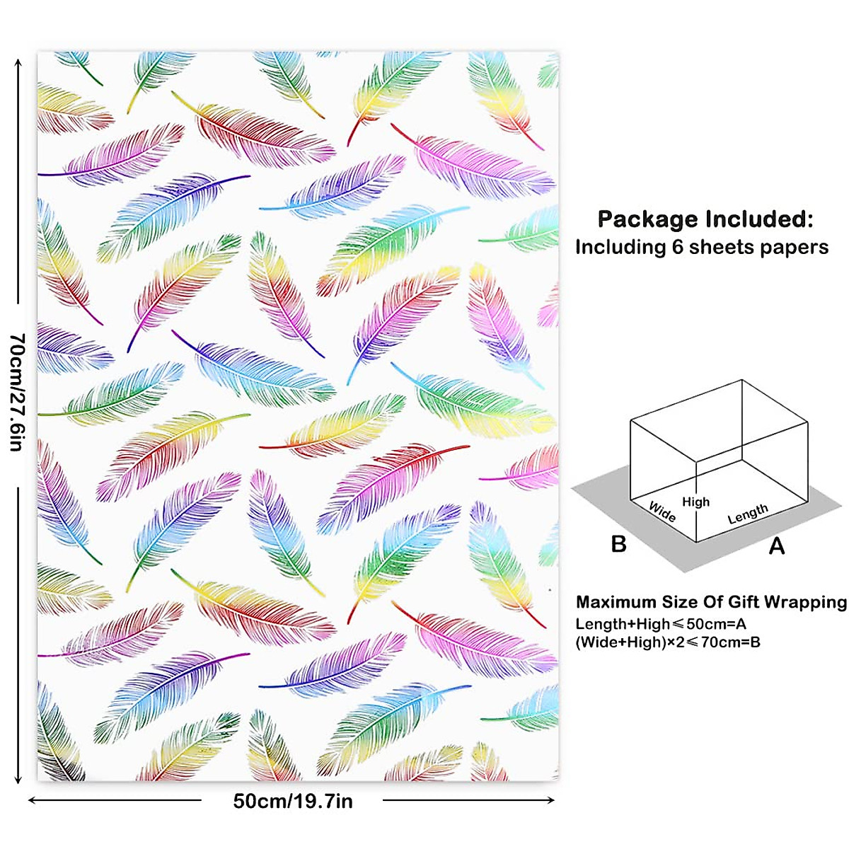 Premium Foil Birthday Wrapping Paper Flat Sheets (6-Sheets, 3-Designs: 23 sq. ft. ttl)- Colorful Gold Rainbow Feather, Polka dot, Stripe-Gift Wrap for Birthday, Wedding, Christmas Day, Happy New Years,Valentine's Day, Baby Shower, Bridal Shower