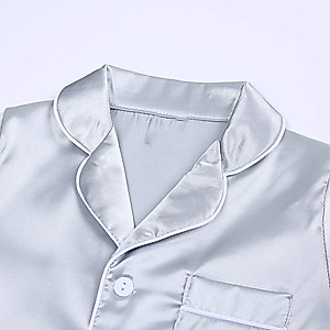 MYGBCPJS 2 Piece Kids Satin Pajamas Set Button-Down Sleepwear Loungewear PJS Shorts Sleeve Tops + Pants Silver-white