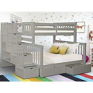 Bedz King Stairway Bunk Beds Twin over Full with 4 Drawers in the Steps and 2 Under Bed Drawers, Gray
