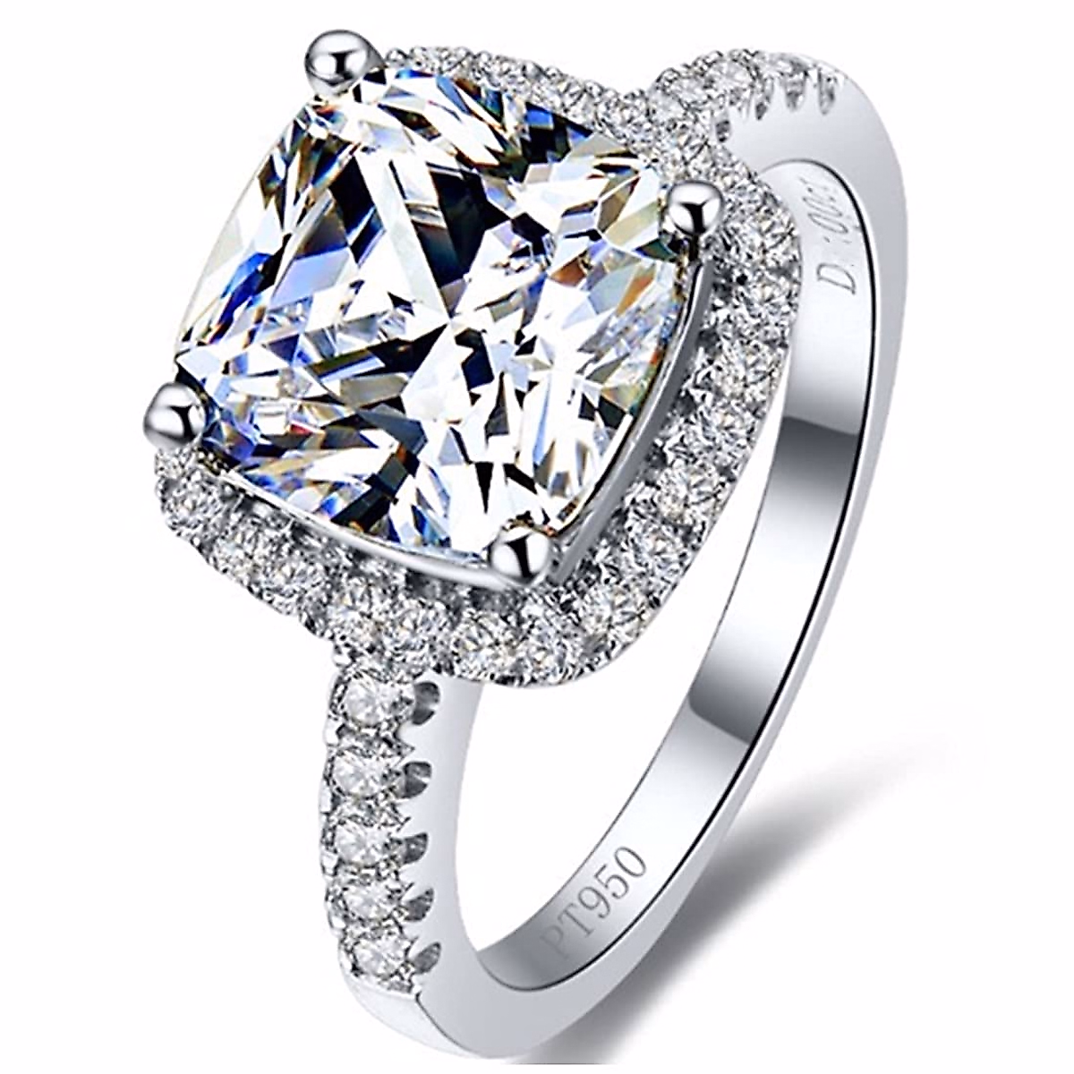 18K White Gold Plated 3CT Zircon Cushion Halo Diamond Ring for Women Sterling Silver Jewelry