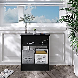 GGWEW Narrow Side Table with Charging Station, 3 Tier Slim End Table for Small Spaces, 23.6 Inch Height Thin Tables with Storage Shelf and Magazine Rack for Living Room, Black