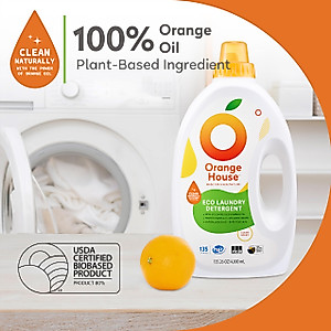 Orange House Liquid Laundry Detergent, Free and Clear, Natural Clean Laundry Detergent, Made of Orange Oil, Hypoallergenic Liquid Detergent No Harmful Chemical, 135.3 Fl Oz, HE & Standard Machine