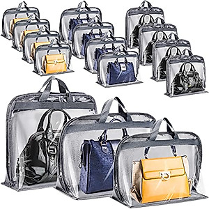 15 Pcs Dust Bags for Handbags Purse Storage Organizer 3 Size Clear Purse Organizer Hanging Handbag Storage with Zipper and Handles Closet Purse Bags for Storage Purse Covers for Dust, Gray, 5 Per Size