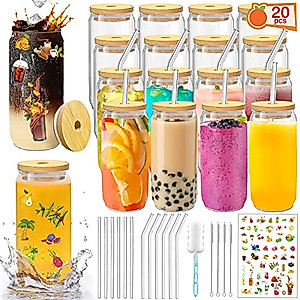 PeacePeo Glass Cups with Lids and Straws 20Pcs 16oz Ice Coffee Cup Can Beer Glass Set Drinking Glasses with Bamboo Lids Reusable Can Shaped Glass Cups Ideal for Smoothies & Beverages