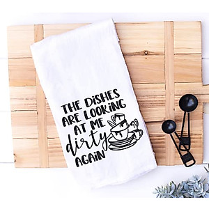 Handmade Funny Kitchen Towel - 100% Cotton Funny Hand Towel for Kitchen - 28x28 Inch Perfect for Chef Housewarming Christmas Mother’s Day Birthday Gift (The Dishes Are Looking at Me...)