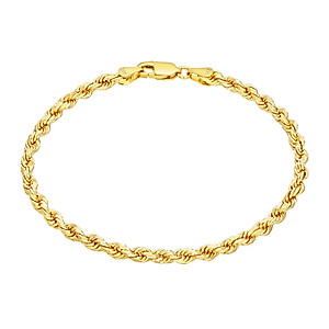 Nuragold 14k Yellow Gold 3mm Rope Chain Diamond Cut Bracelet or Anklet, Mens Womens Jewelry 7" 7.5" 8" 8.5" 9"