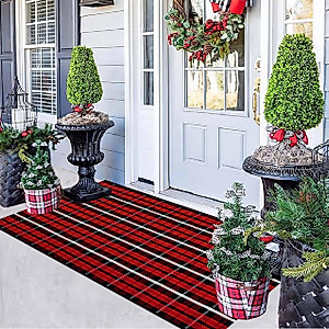 Christmas Outdoor Rugs 24 x 51''Black Red Buffalo Plaid Front Porch Rug Hand-Woven Machine Washable Indoor/Outdoor Layered Door Mats for Entryway/Bedroom/Outdoor