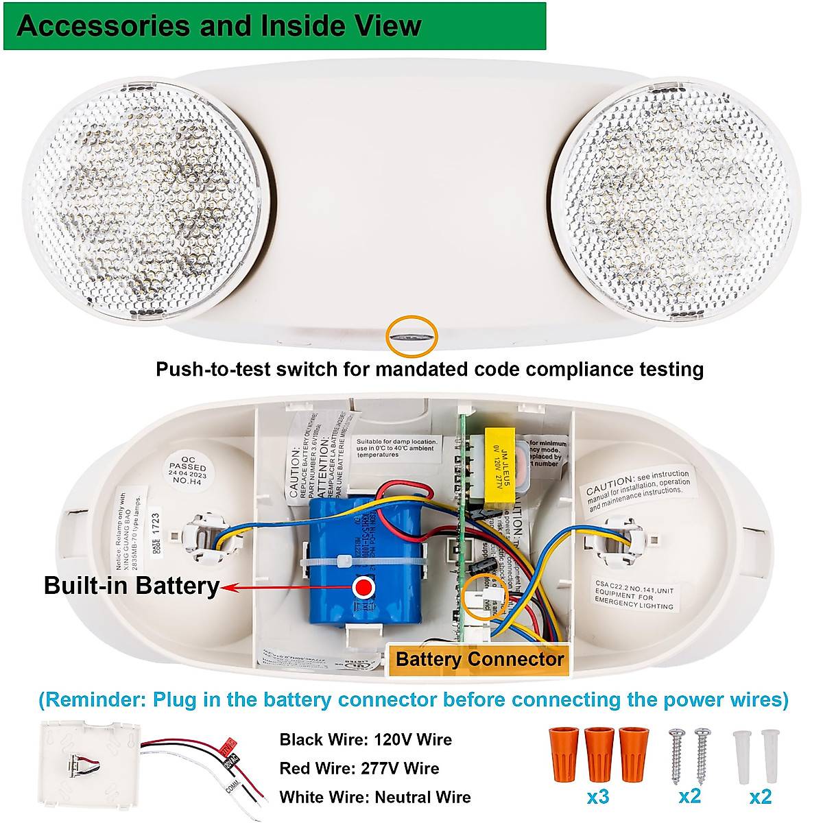 GRUENLICH LED Emergency Light, Exit Lighting Fixtures with 2 LED Bug Eye Heads and Back Up Batteries, UL 924 Qualified, 120-277 Voltage, 1-Pack