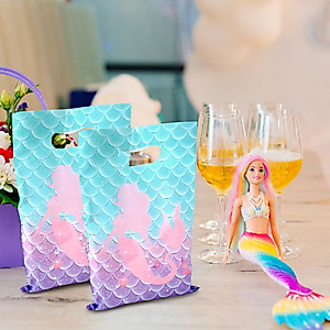 50 Pieces Mermaid Birthday Party Gift Bags,Plastic Mermaid Printed Goodie Bags with Handles Mermaid Candy Party Favor Bags for Kids Girls Under The Sea Theme Birthday Party Supplies and Decorations