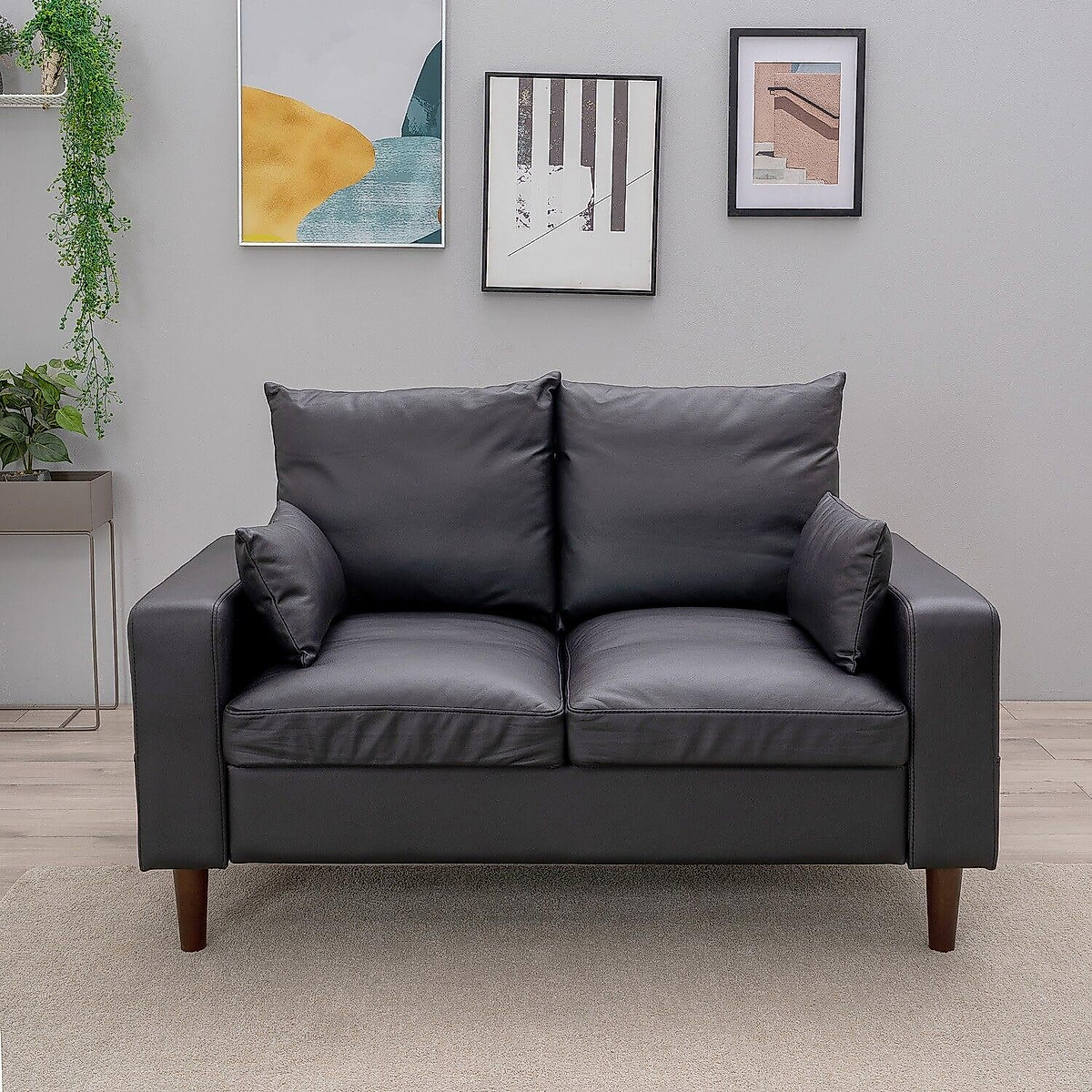 Panana Small Modern Loveseat Couch Sofa Upholstered Faux Leather 2-Seat Sofa Couch Love Seats Furniture for Small Space,Living Room,Studio,Apartment with 2 Pillows,Black