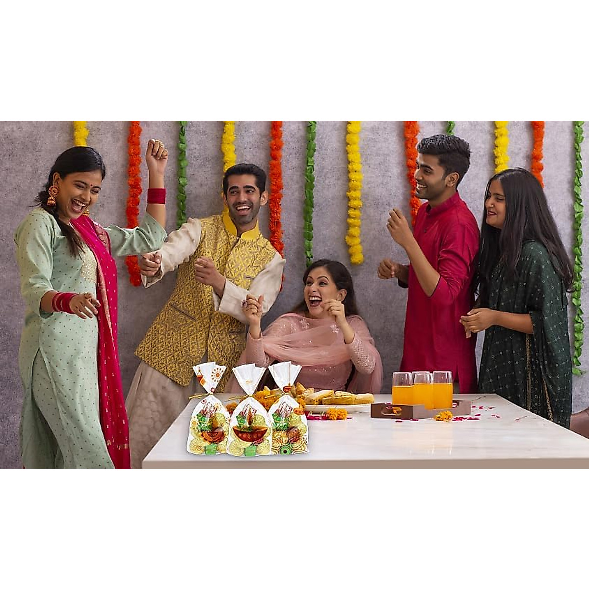 120 Pieces Diwali Cellophane Bags with Twist Ties, Deepavali Candle Cello Treat Bags Indian Holiday Candle Bag Festival of Lights Treat Bags for Cookie Candy Goodies Wrapping Supplies