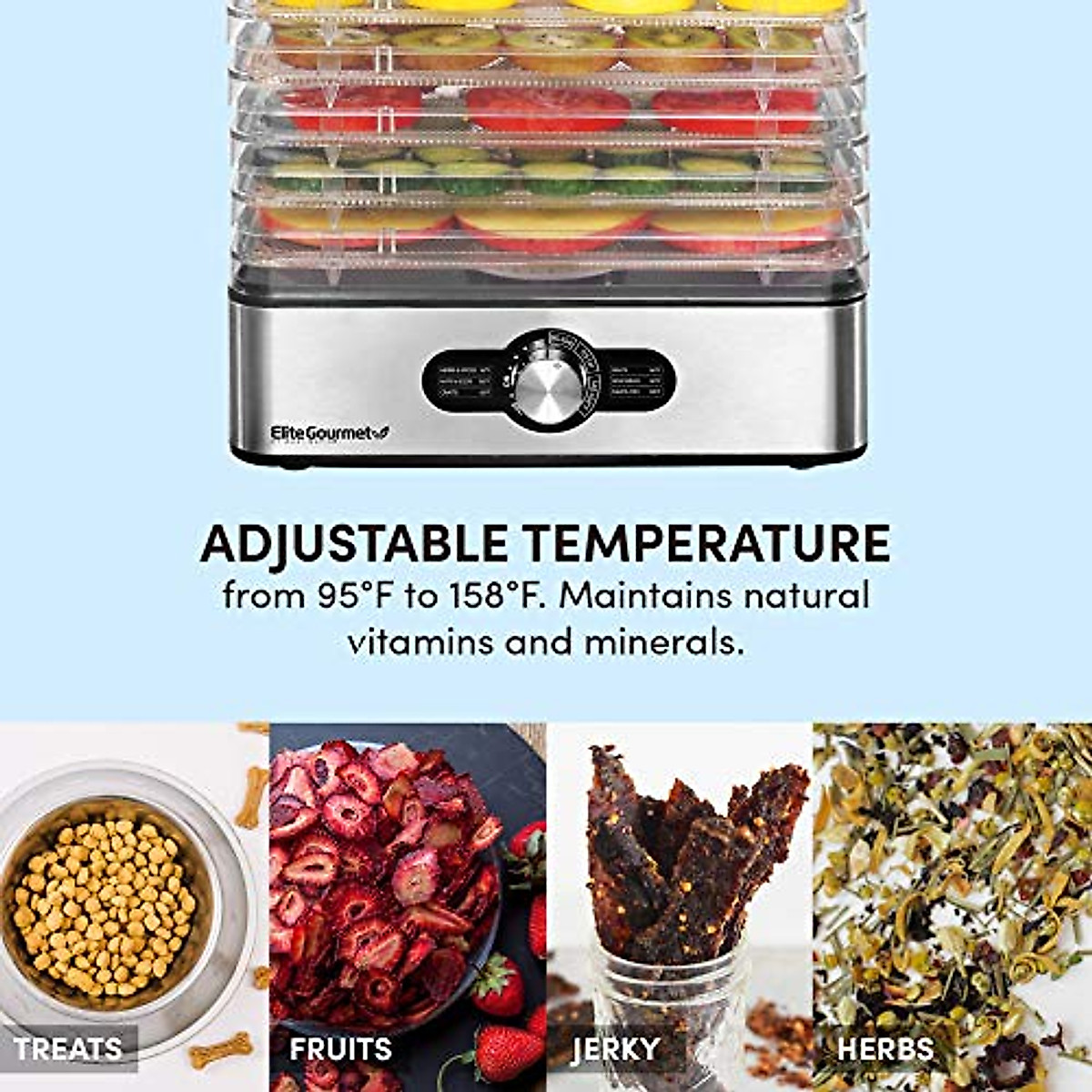 Elite Gourmet EFD3321 Food Dehydrator, Stainless Steel Trays Adjustable Temperature Controls, Jerky, Herbs, Fruit, Veggies, Dried Snacks, Stainless Steel