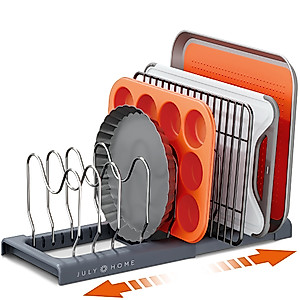 JULY HOME Expandable Pot and Pan Organizer Rack for Cabinet, Pot Lid Organizer Holder with 7 Adjustable Compartments, Cutting Board, Cookware, Bakeware & Frying Rack Organizer for Cabinet (Gray)