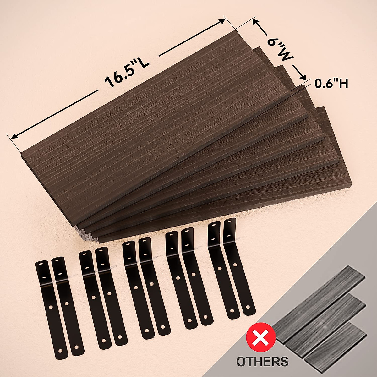 RICHER HOUSE Floating Shelves for Wall Décor, Rustic Wood Wall Shelves for Bedroom Set of 5, Farmhouse Shelf for Bathroom, Hanging Shelves for Storage, Wall Mounted - Deep Brown