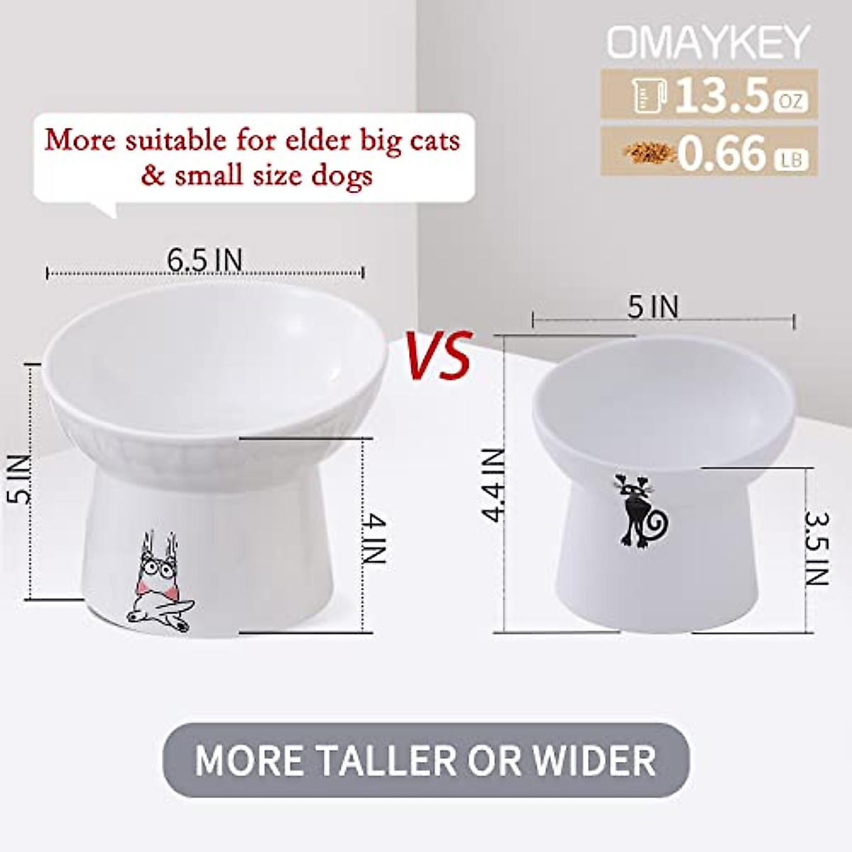 6.5 Inch Extra Wide Ceramic Raised Cat Bowl Set, Tilted Elevated Cat Bowls for Food and Water, Anti Whisker Fatigue, Stress Free, Anti Vomiting, Protect Spine, Lead & Cadmium Free, White & Grey