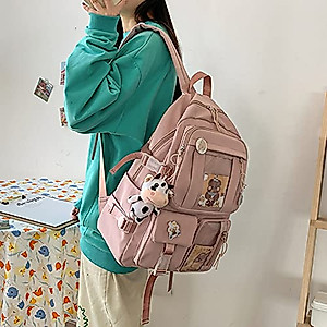 Kawaii Multi-Pocket Backpack with Kawaii Pin and Accessories, for Teen Girls School Bag Aesthetic Backpack, Black, 12.2*16.9*5.1 In